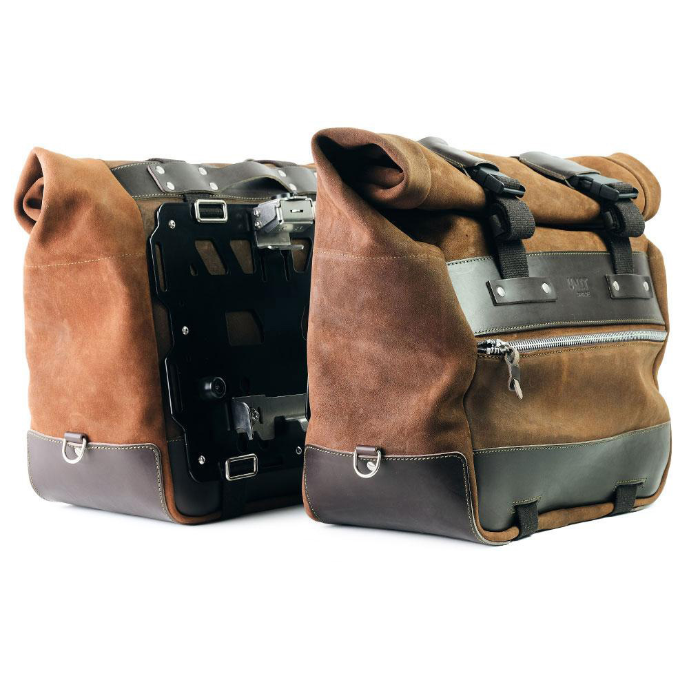 Pair of Cult side panniers in waxed suede with aluminium back plate ...
